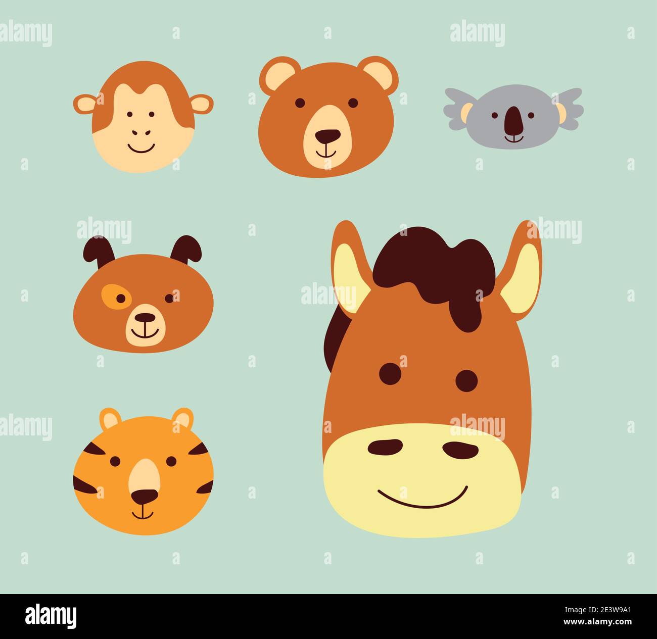 bundle of six cute little animals heads characters vector illustration ...
