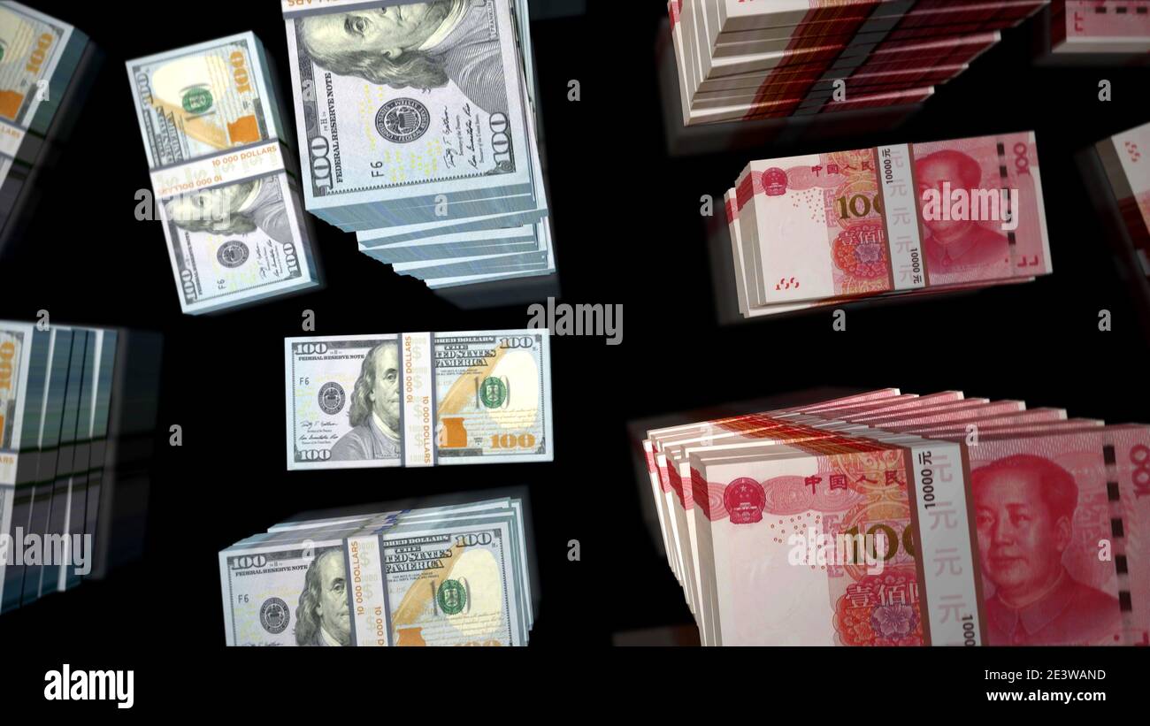 US Dollar vs Chinese Yuan Renminbi money notes pack loop. Concept of ...