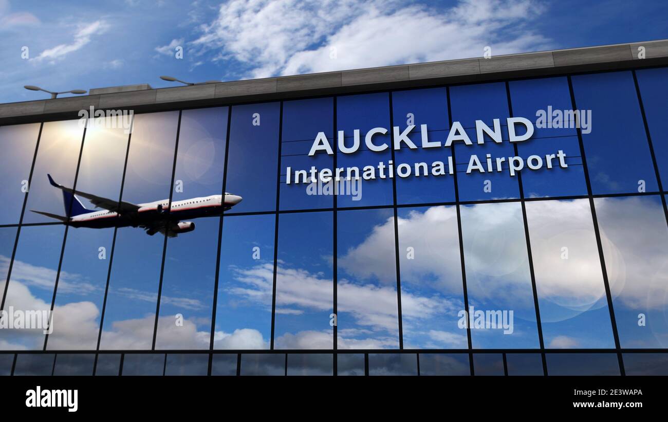 Jet aircraft landing at Auckland, New Zealand 3D rendering illustration ...