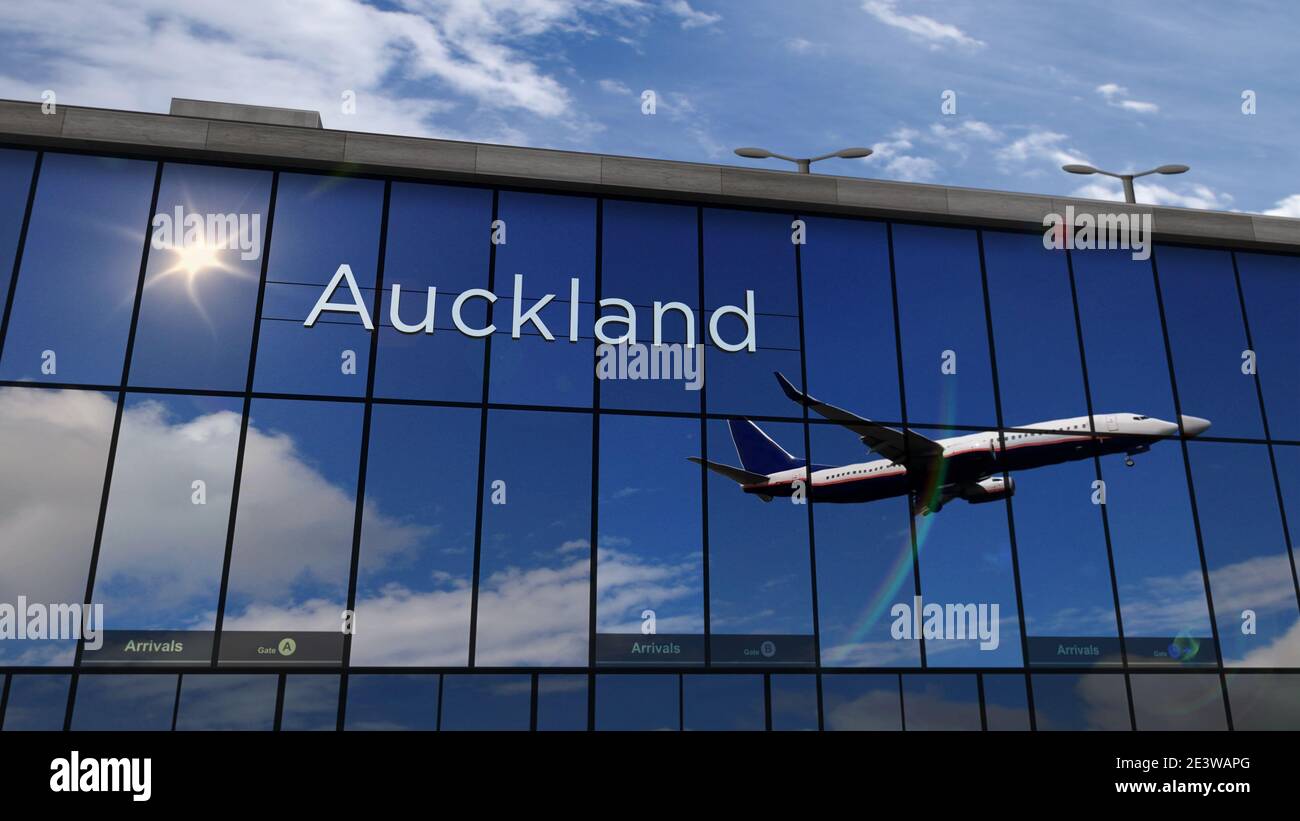 Jet aircraft landing at Auckland, New Zealand 3D rendering illustration ...