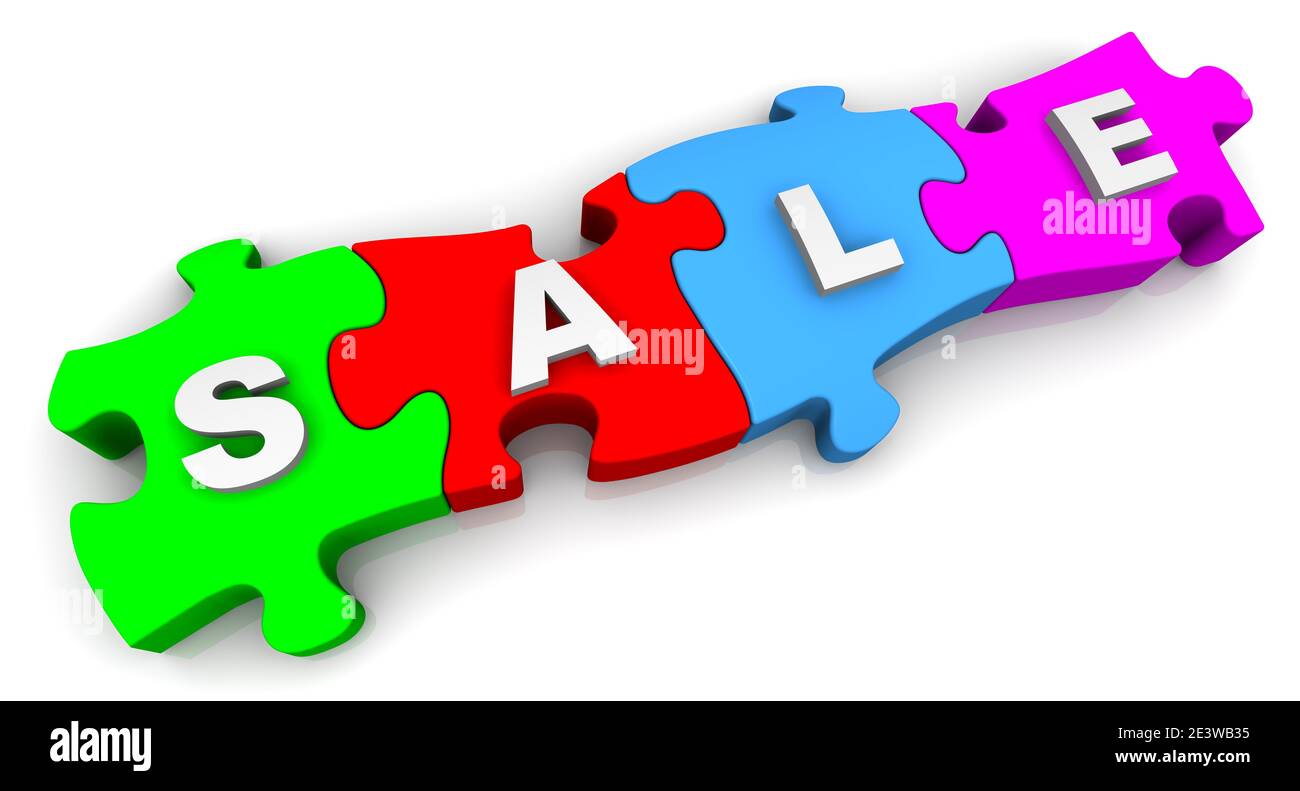 Sale. Word on the puzzles. White word SALE on colorful puzzles. 3D ...
