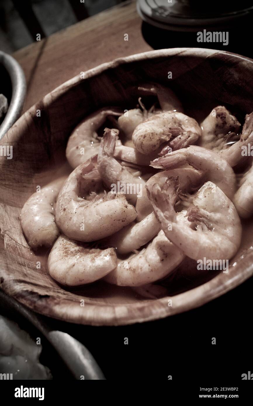 Half Shell Raw Bar, boiled shrimp with shells on, during Happy Hour in ...