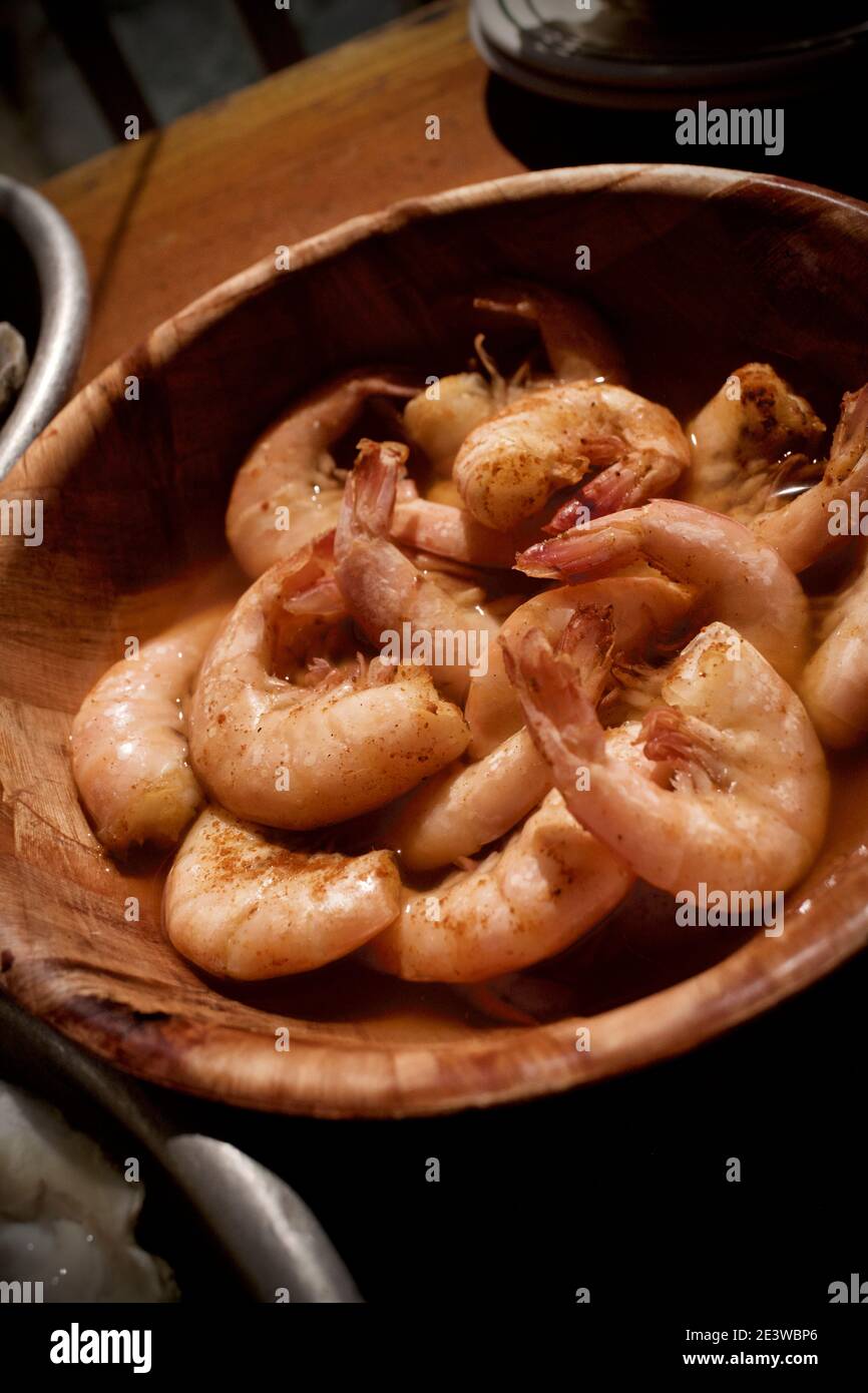 Half Shell Raw Bar, boiled shrimp with shells on, during Happy Hour in ...