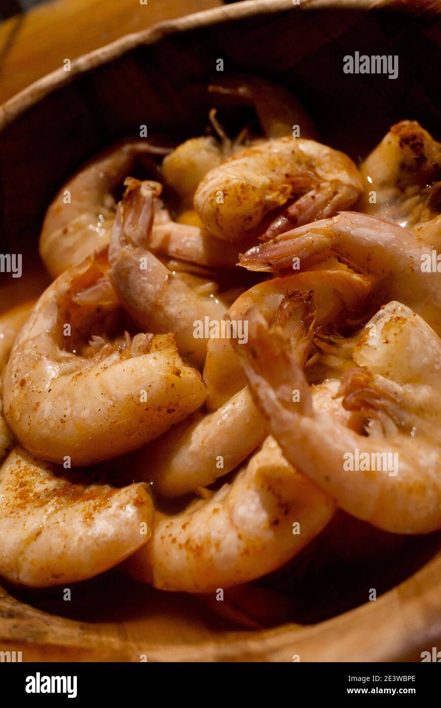 Half Shell Raw Bar, boiled shrimp with shells on, during Happy Hour in ...