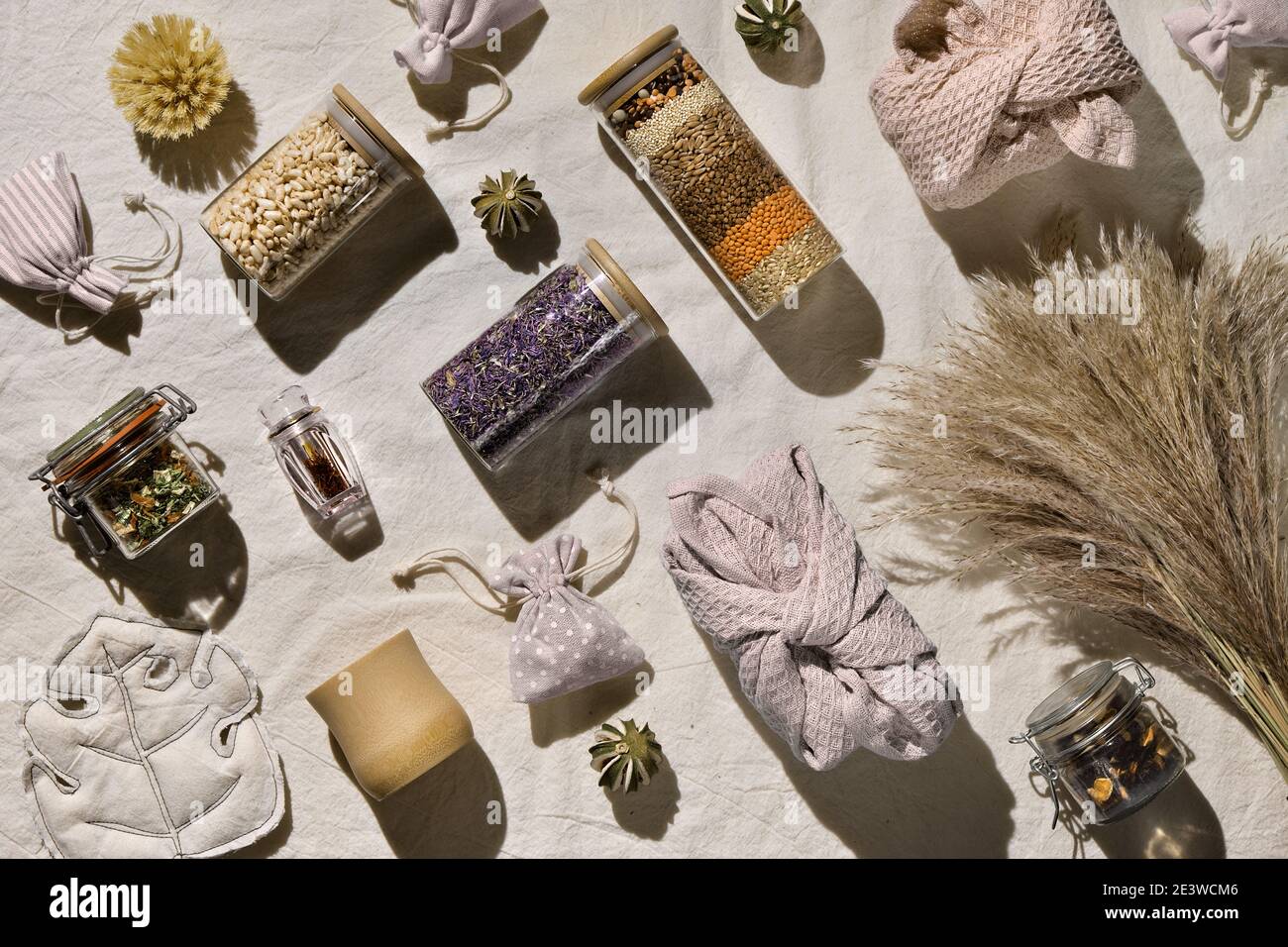 Zero waste gifts, jars of food ingredients, tea leaves, boxes packed in ...