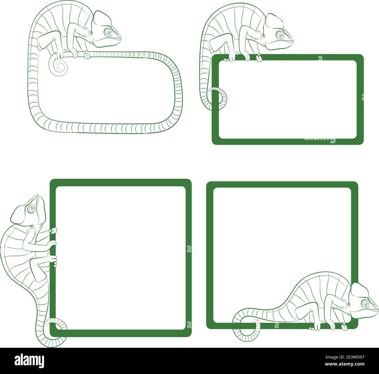 Set of illustrations with green chameleon. Isolated vector objects on a ...