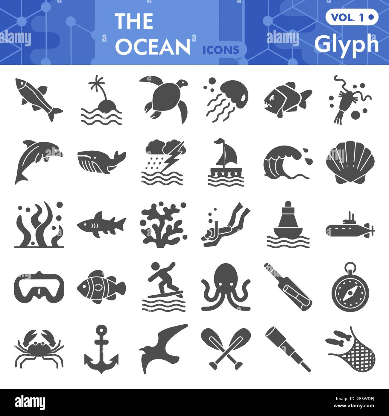 Ocean solid icon set, nautical symbols collection or sketches. Marine ...