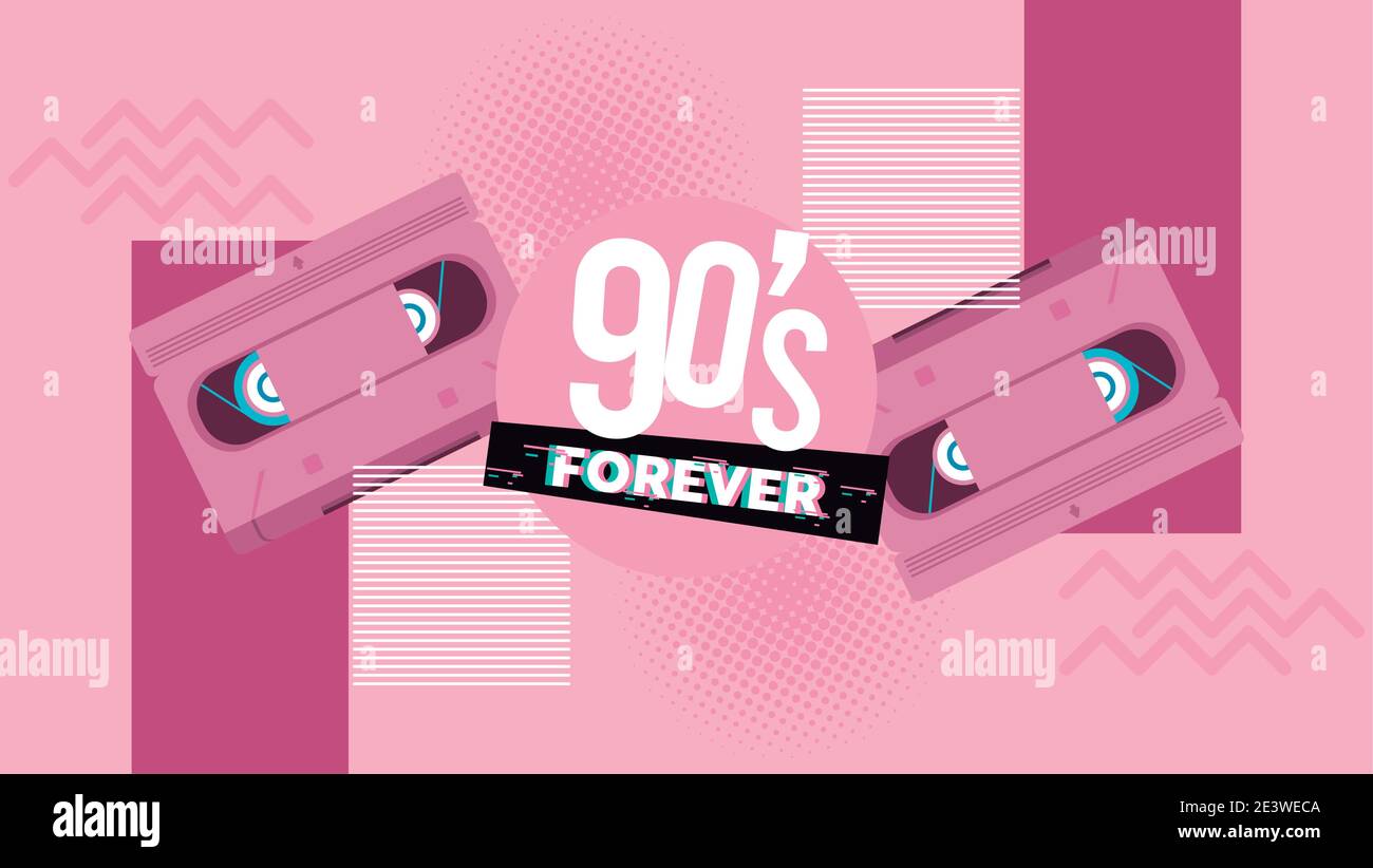 90s forever lettering with cassettes in pink background vector ...