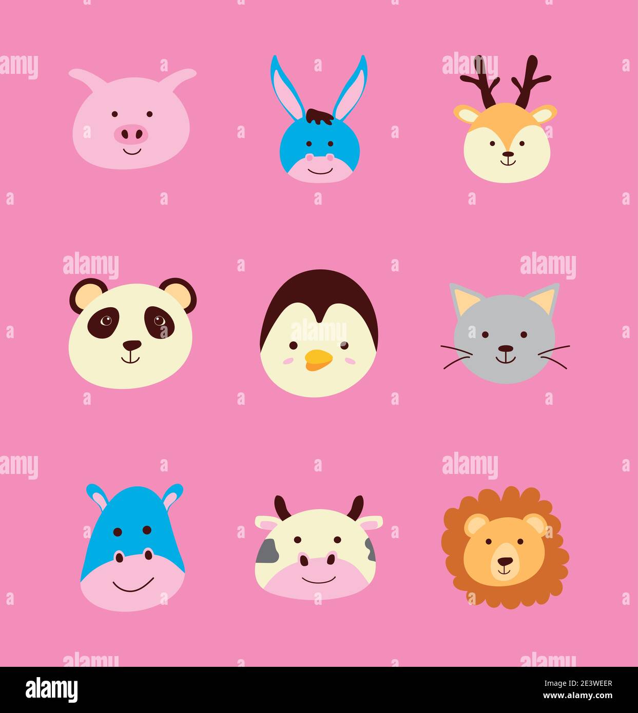 bundle of nine cute little animals heads characters vector illustration ...
