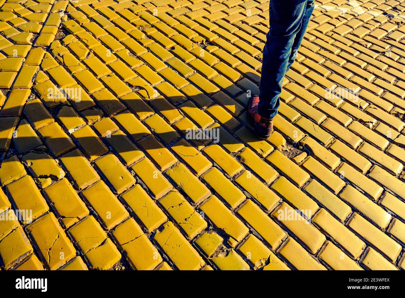 Walking men on lively yellow cobblestone and pedestrian way in Sofia ...