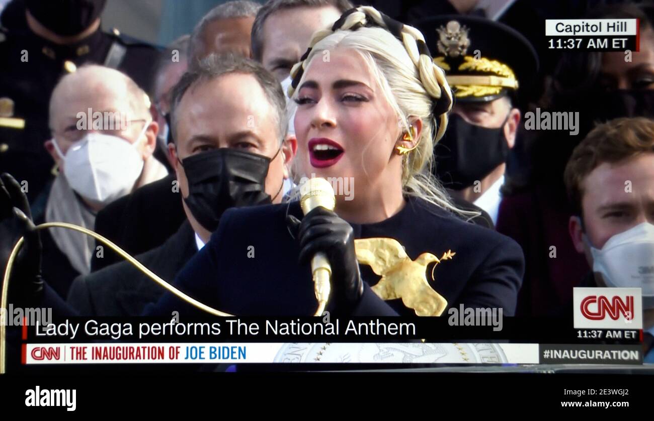 A CNN television screen shot of singer Lady Gaga performing The ...