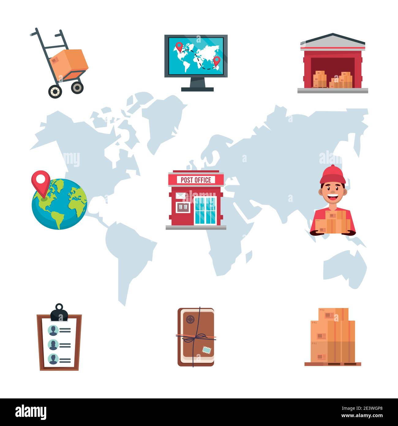 bundle of nine postal service set icons in earth planet vector ...