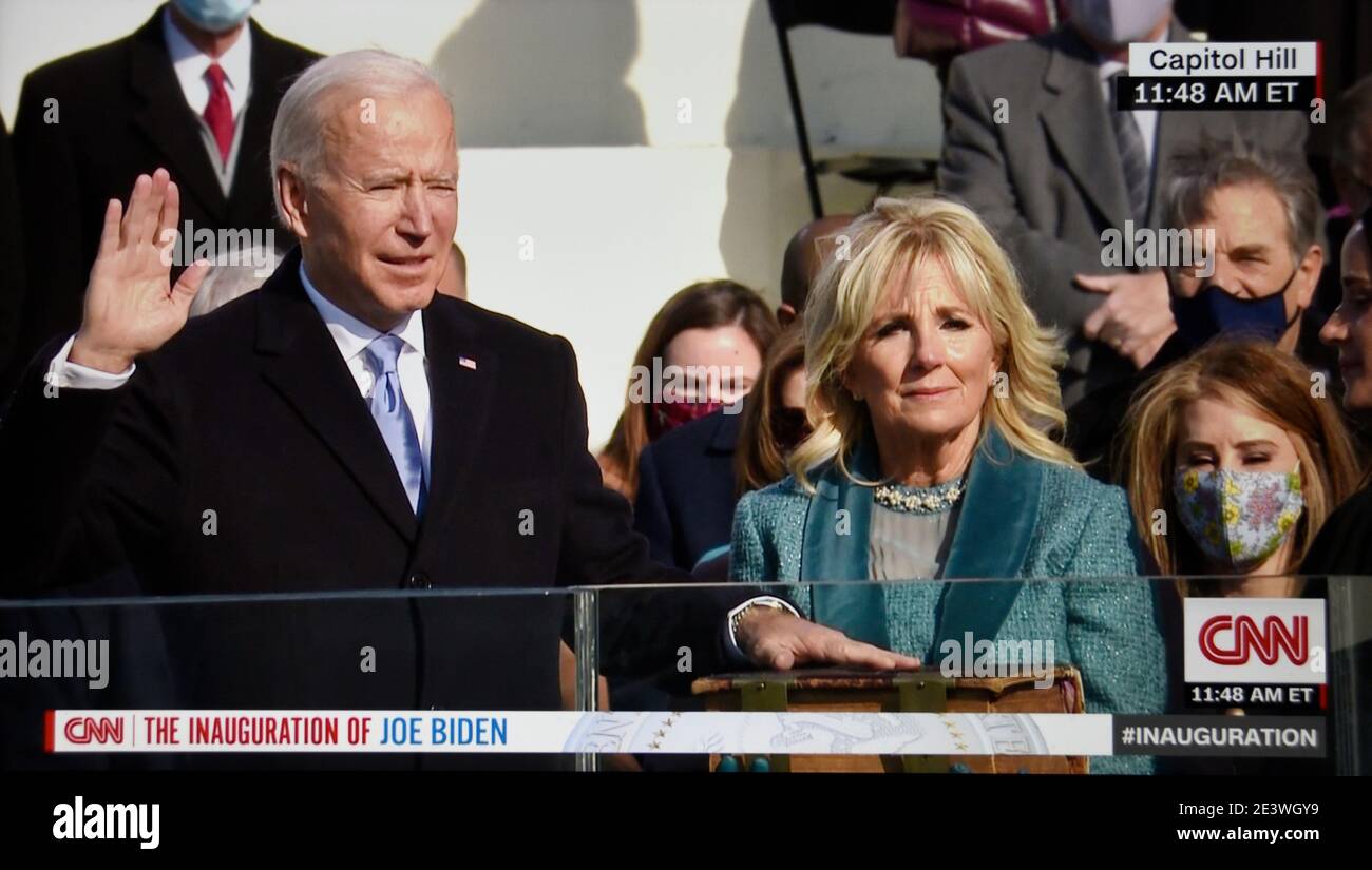 A CNN television screen shot of U.S. President Joe Biden being sworn in ...