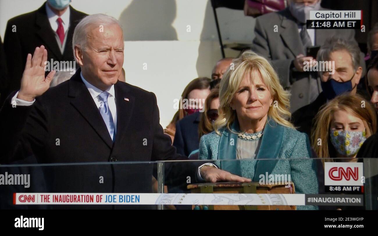 A CNN television screen shot of U.S. President Joe Biden being sworn in ...