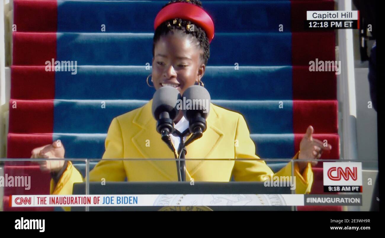 A CNN TV screen shot of Amanda Gorman, the first U.S. youth poet ...