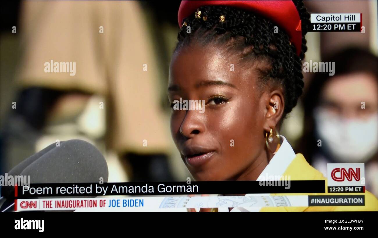 A CNN TV screen shot of Amanda Gorman, the first U.S. youth poet ...