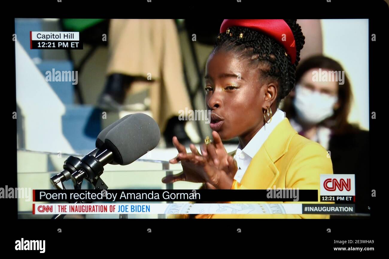 A CNN TV screen shot of Amanda Gorman, the first U.S. youth poet ...