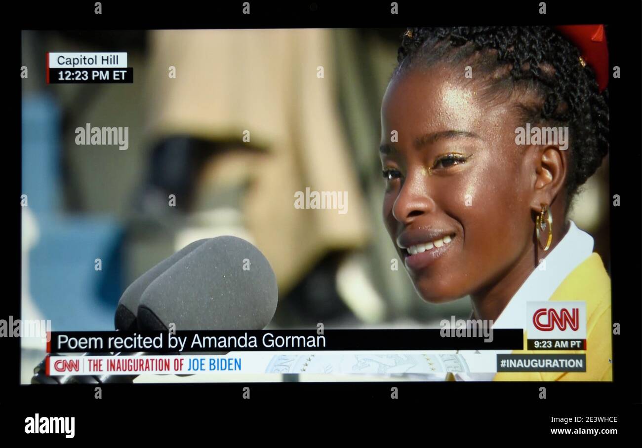 A CNN TV screen shot of Amanda Gorman, the first U.S. youth poet laureate, reading her poem at ...