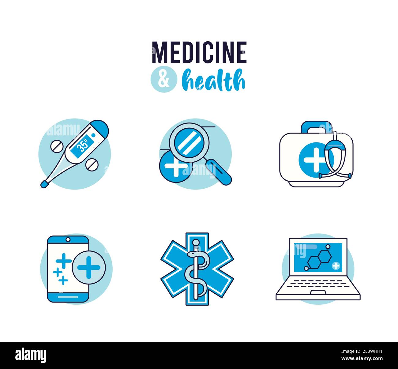 bundle of six medical health set icons and lettering vector ...