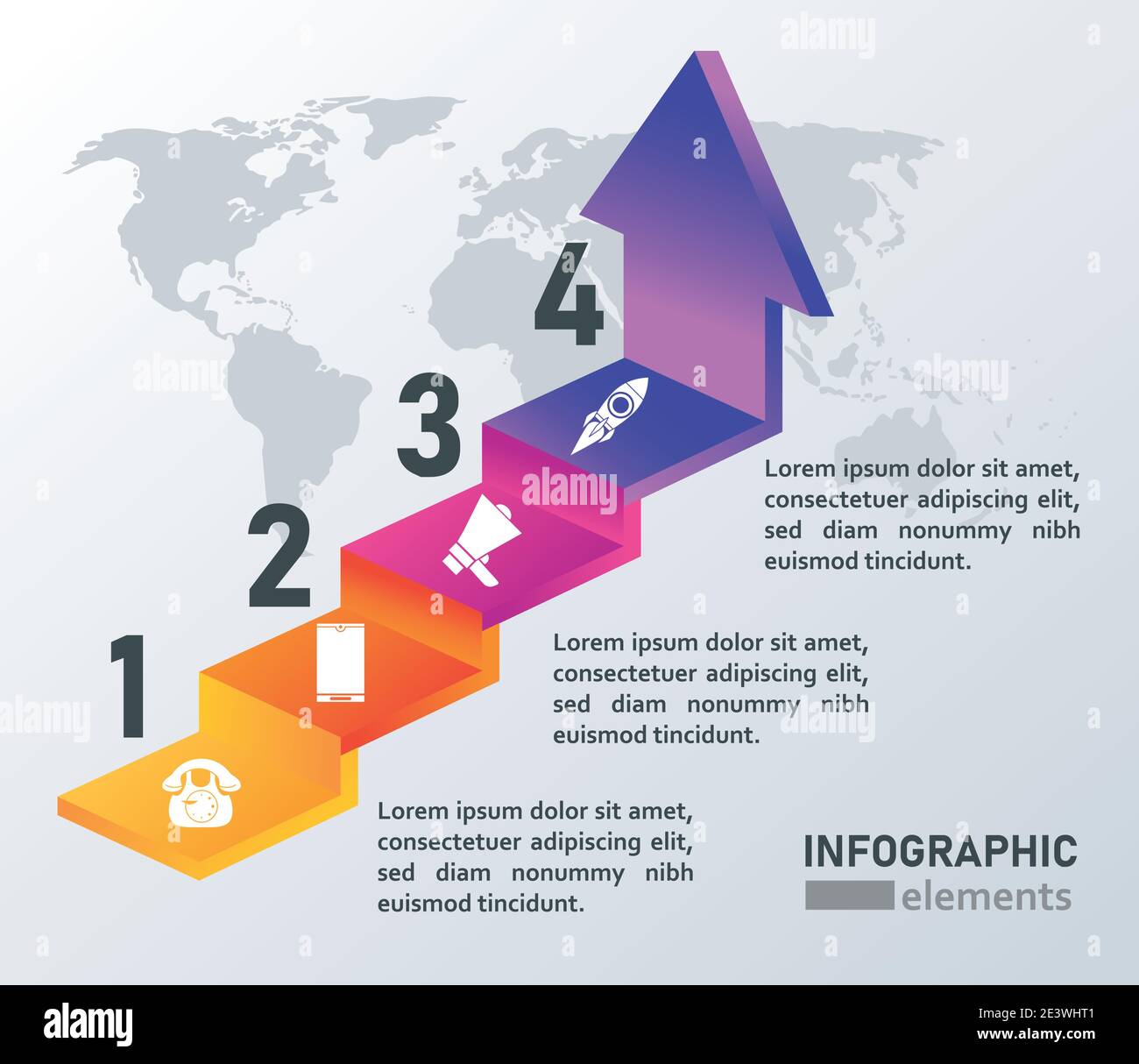 statistics infographics steps with arrow and earth maps in gray ...