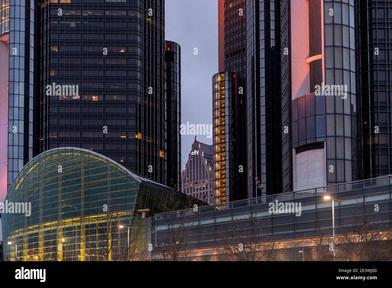 Detroit, Michigan - The Ally Detroit Center, seen between the buildings ...