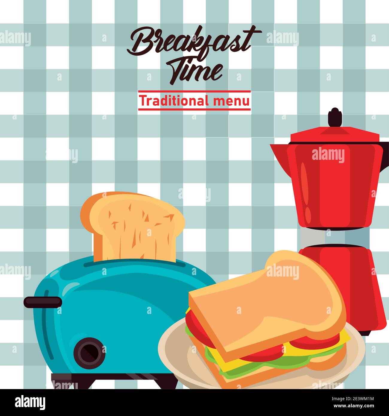 breakfast time lettering poster with bread toaster and sandwich vector ...
