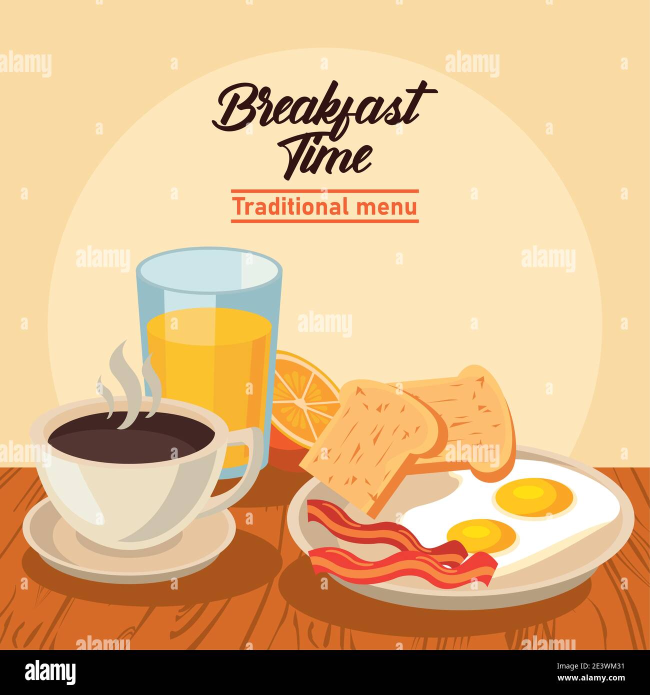 breakfast time lettering poster with eggs frieds and drinks vector ...