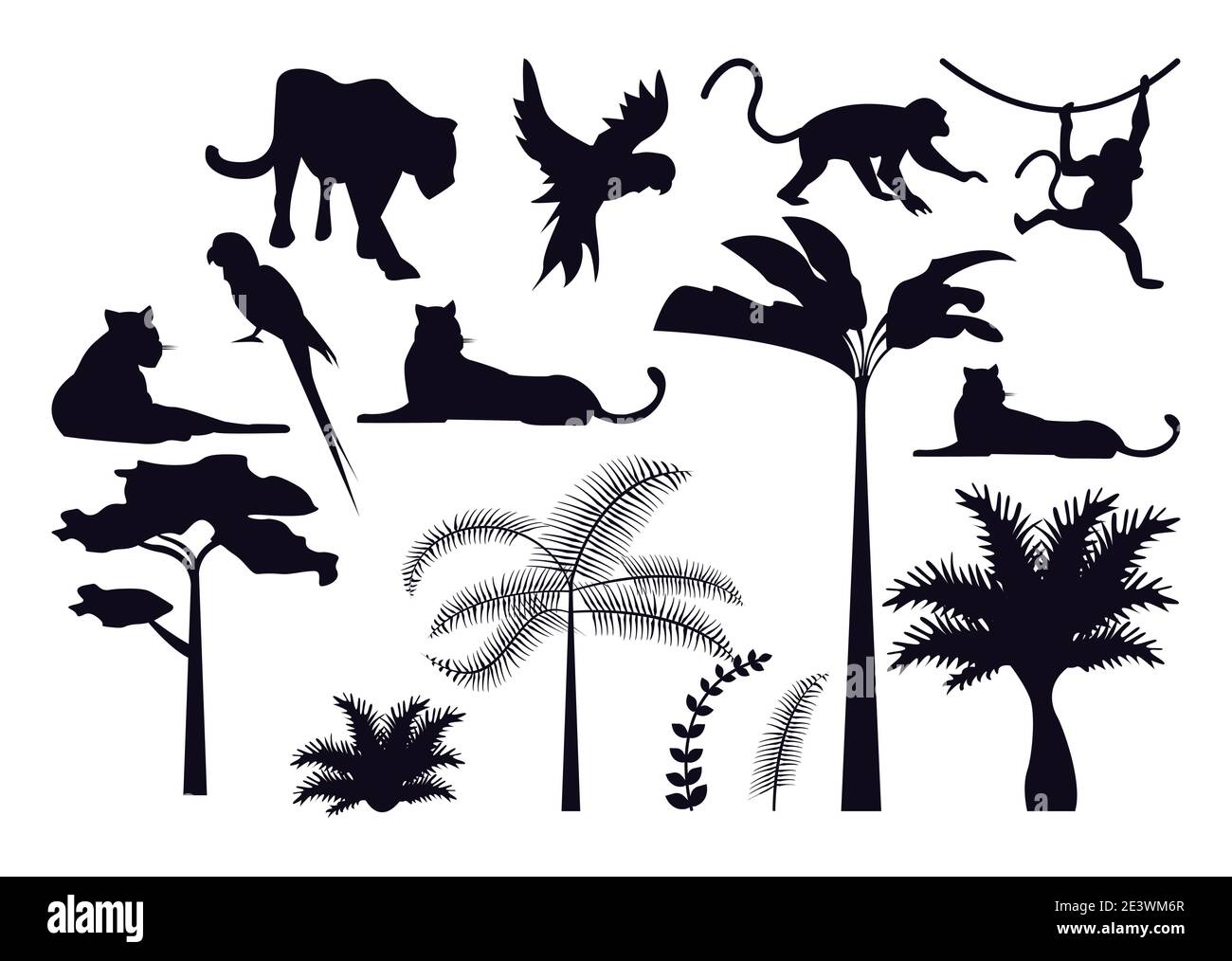 bundle of jungle animals and plants silhouettes vector illustration ...
