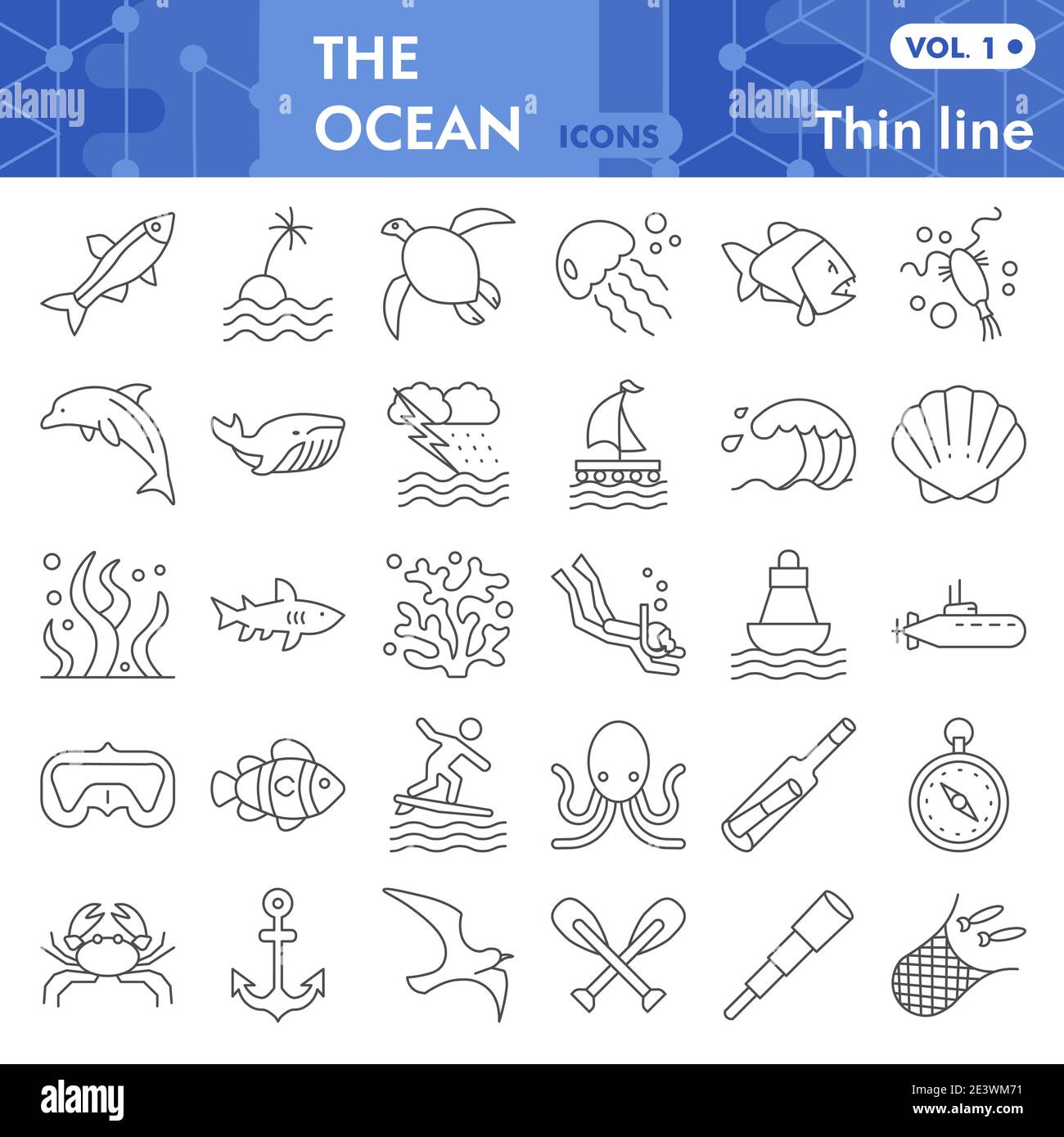 Ocean thin line icon set, nautical symbols collection or sketches ...