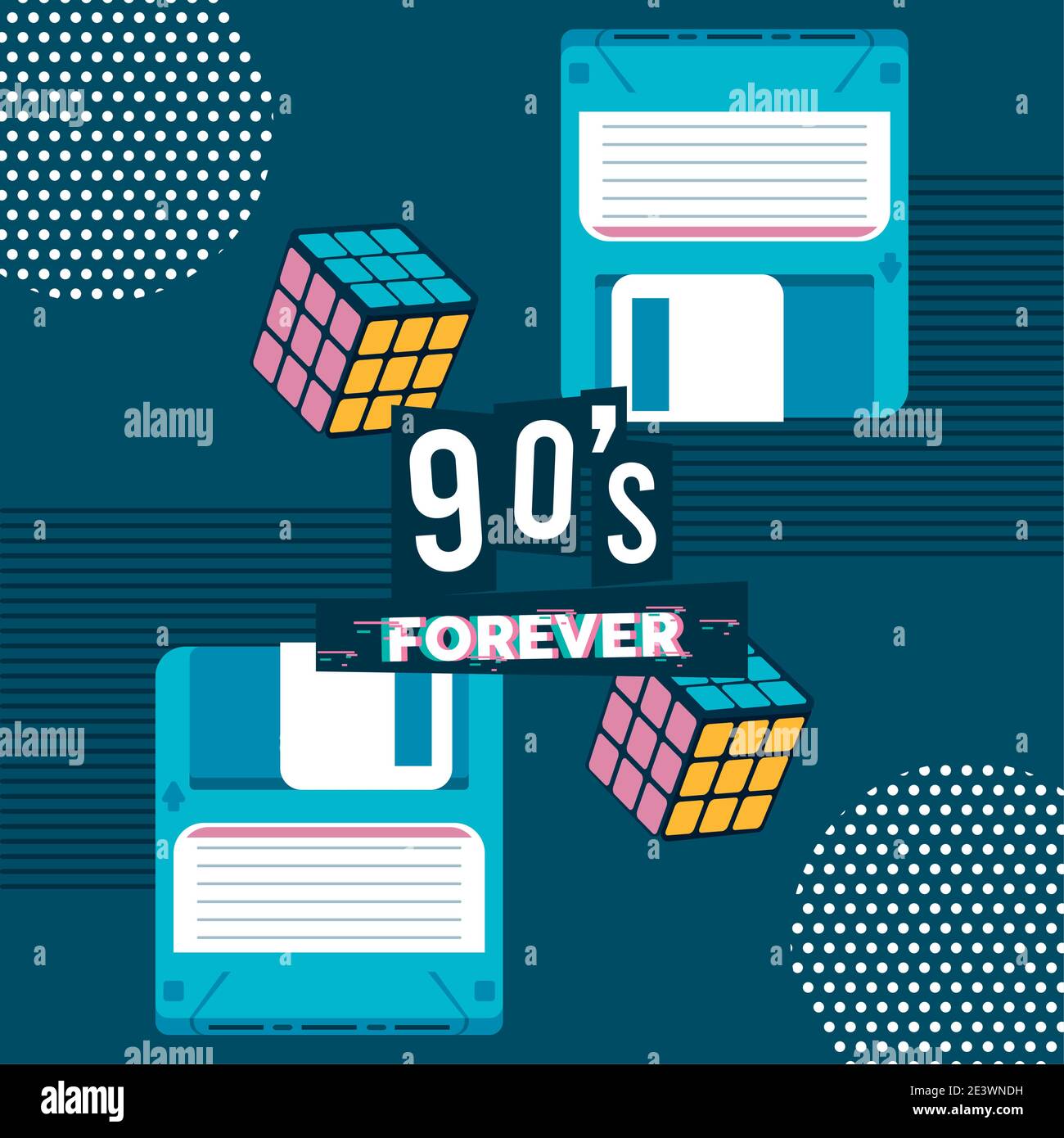 90s forever lettering with cubes rubik and floppy disks in blue ...