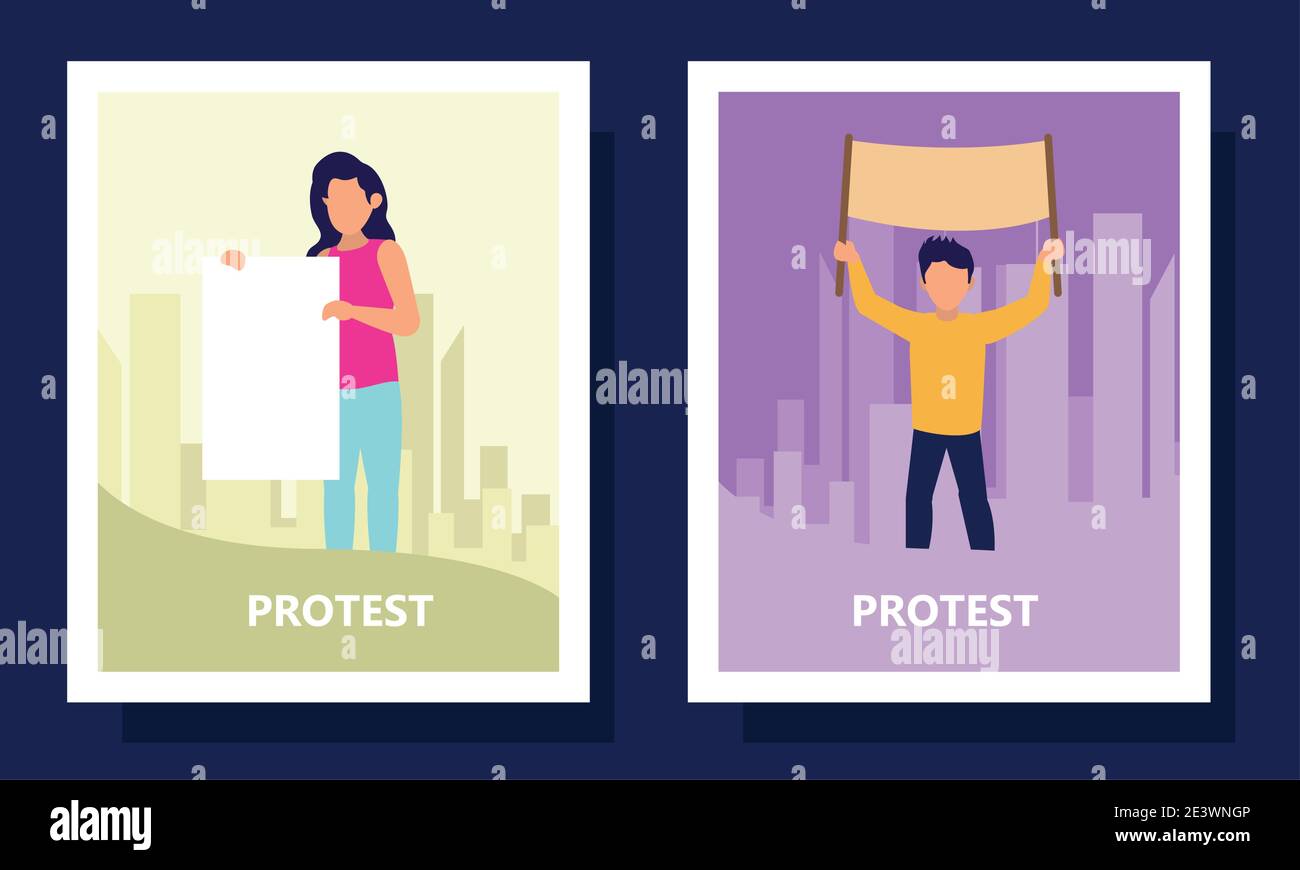 Protest woman and man holding banners in frames design, Manifestation ...