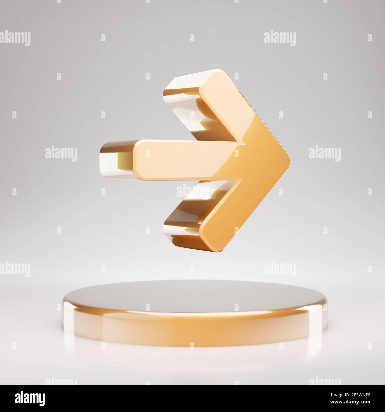 Arrow Right icon. Yellow Gold Arrow Right symbol on golden podium. 3D ...