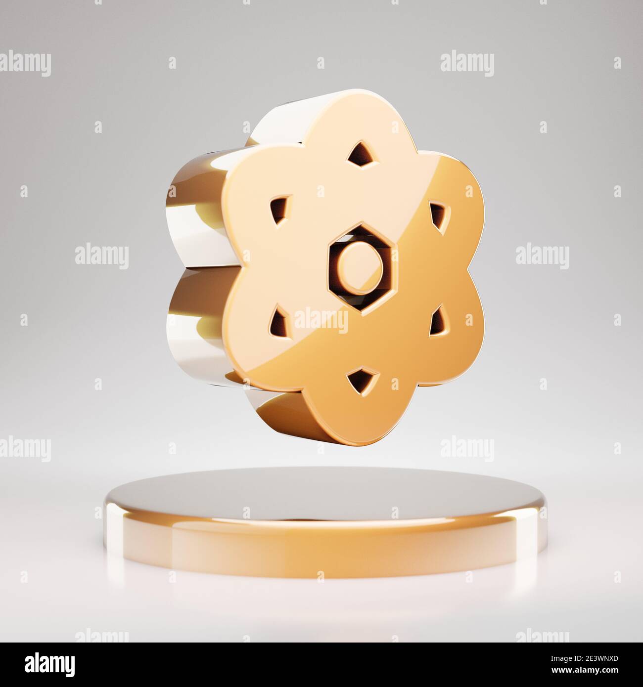 Atom icon. Yellow Gold Atom symbol on golden podium. 3D rendered Social ...