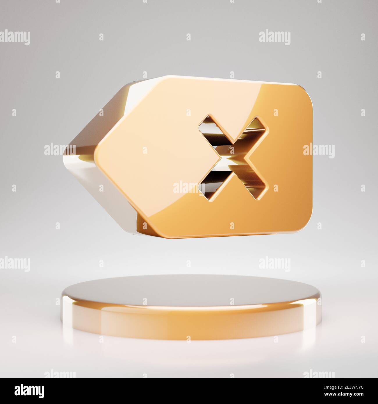 Backspace icon. Yellow Gold Backspace symbol on golden podium. 3D ...