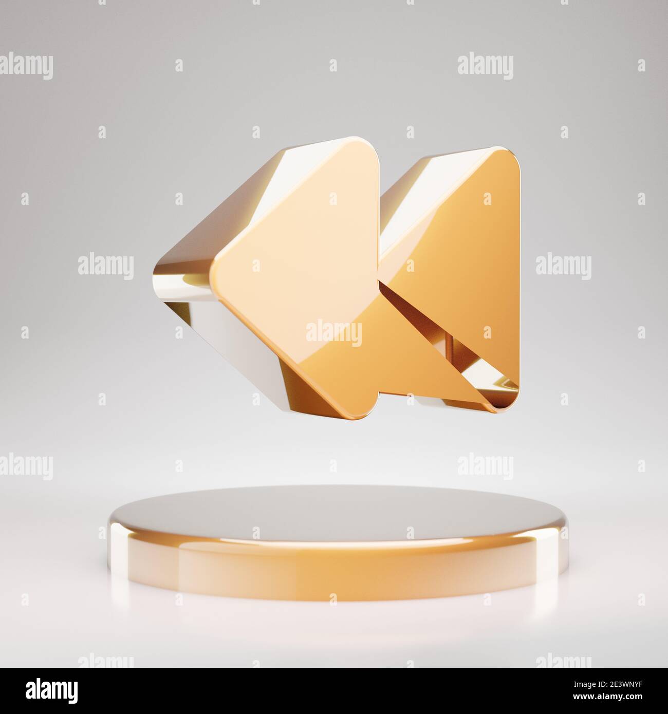 Backward icon. Yellow Gold Backward symbol on golden podium. 3D ...
