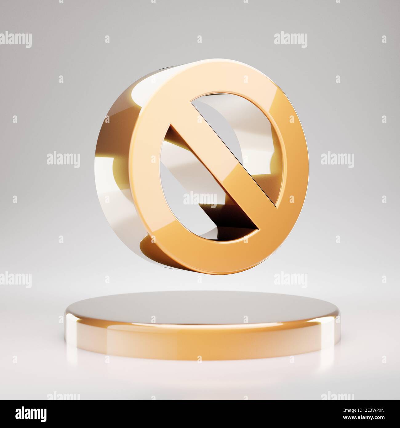 Ban icon. Yellow Gold Ban symbol on golden podium. 3D rendered Social ...