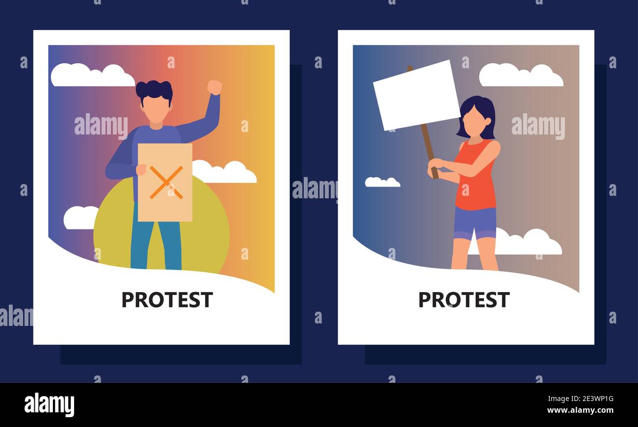Protest woman and man holding banners in labels design, Manifestation ...