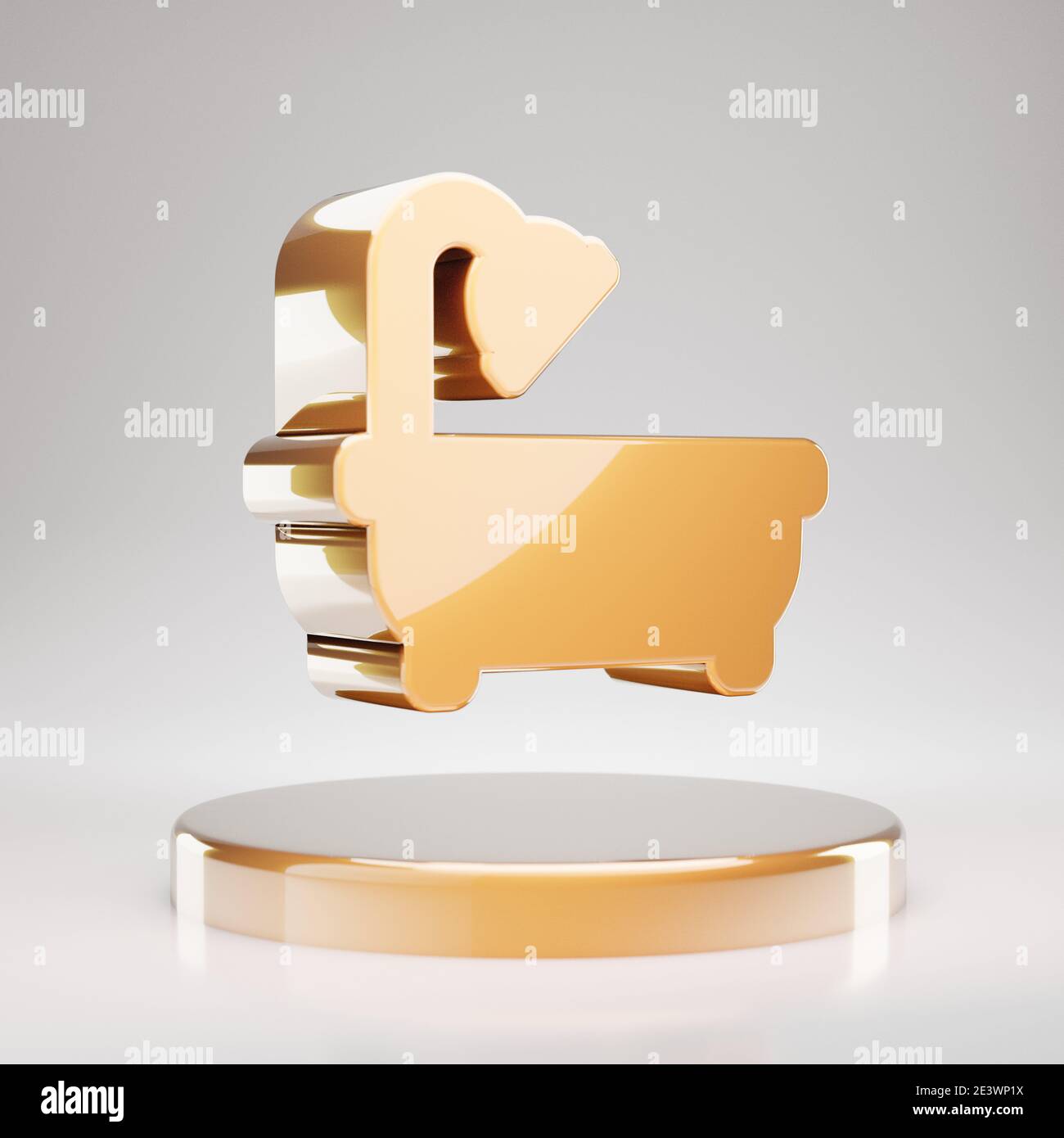 Bath icon. Yellow Gold Bath symbol on golden podium. 3D rendered Social ...