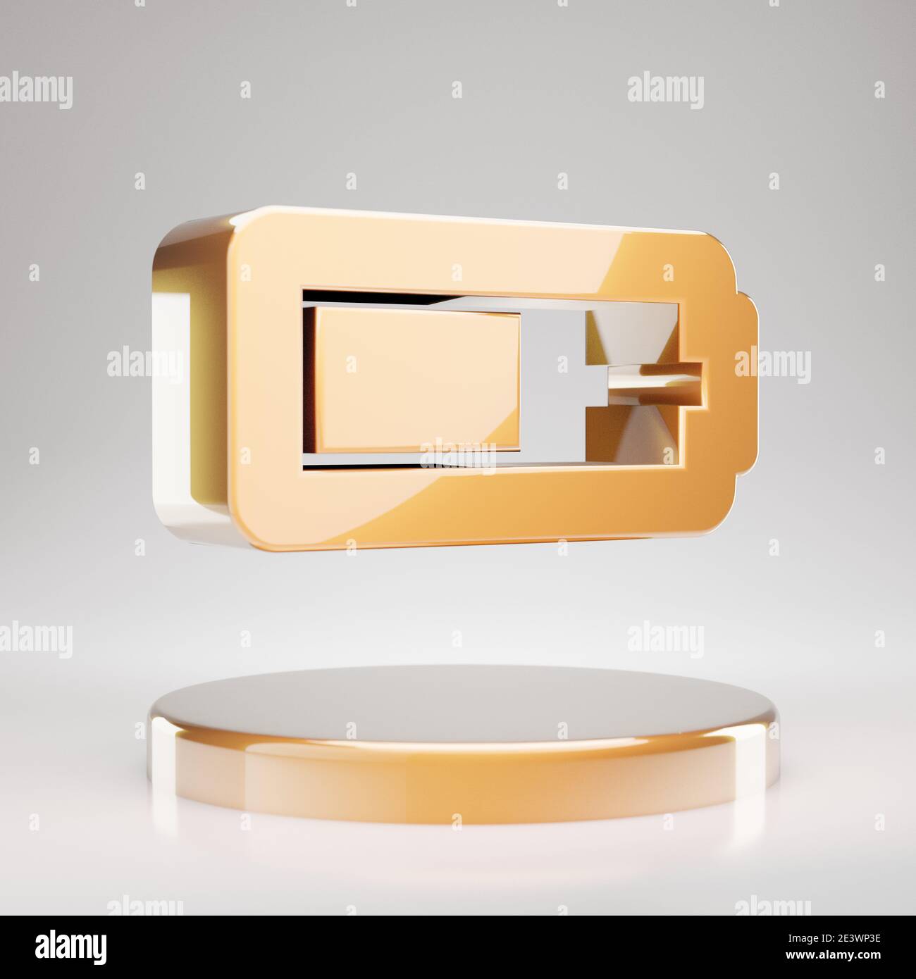 Half Battery icon. Yellow Gold Half Battery symbol on golden podium. 3D ...