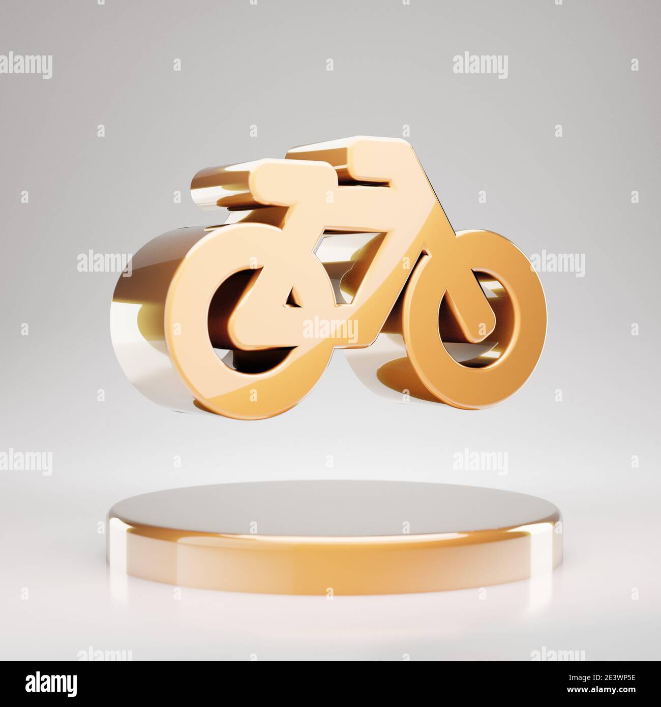 Bicycle icon. Yellow Gold Bicycle symbol on golden podium. 3D rendered ...