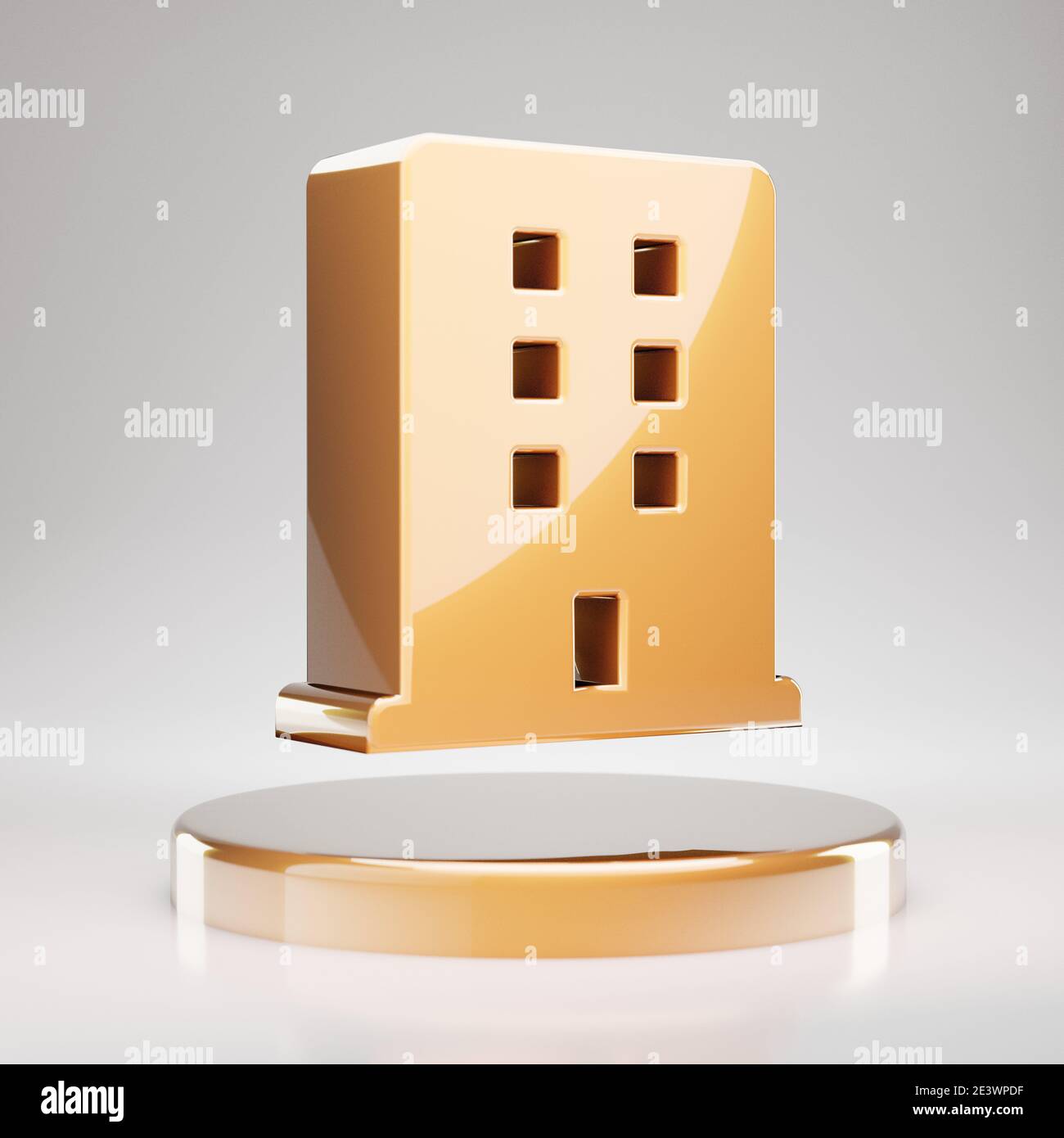 Building icon. Yellow Gold Building symbol on golden podium. 3D ...
