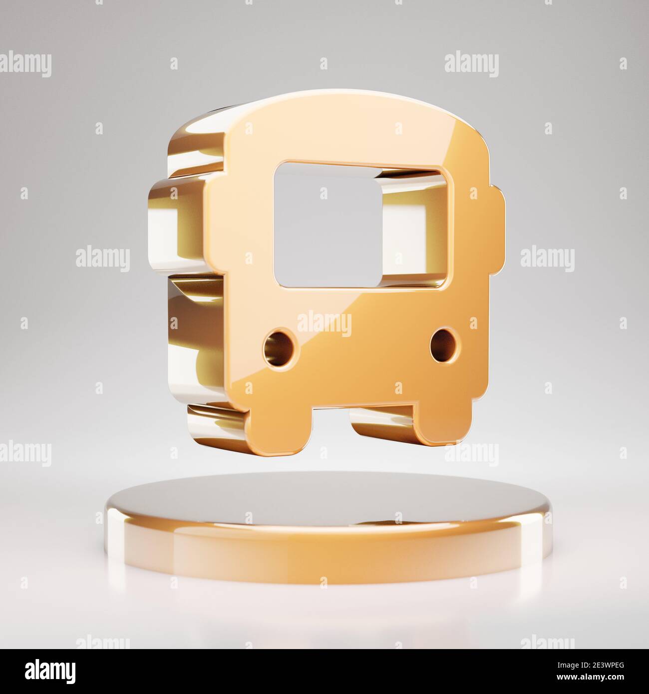 Bus icon. Yellow Gold Bus symbol on golden podium. 3D rendered Social ...
