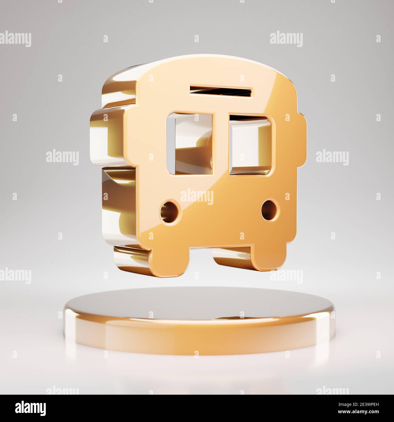 School Bus icon. Yellow Gold School Bus symbol on golden podium. 3D ...