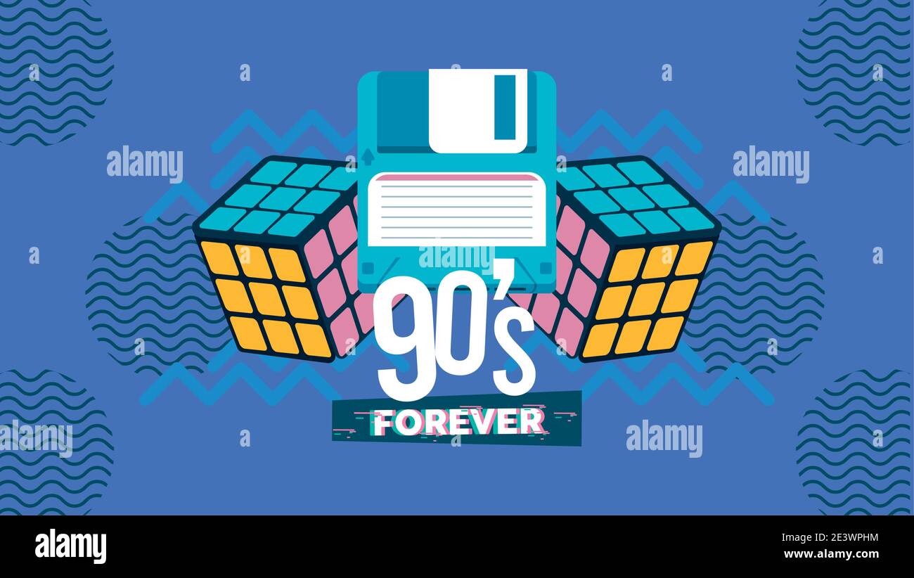 90s forever lettering with rubik cubes and floppy in purple background ...