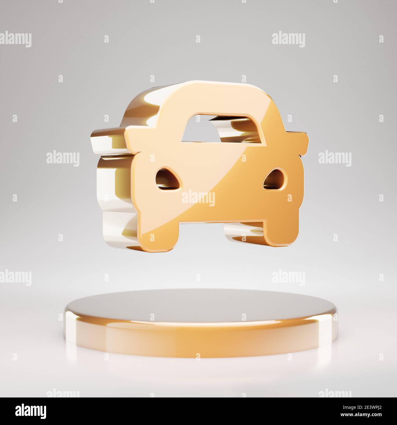 Car icon. Yellow Gold Car symbol on golden podium. 3D rendered Social ...