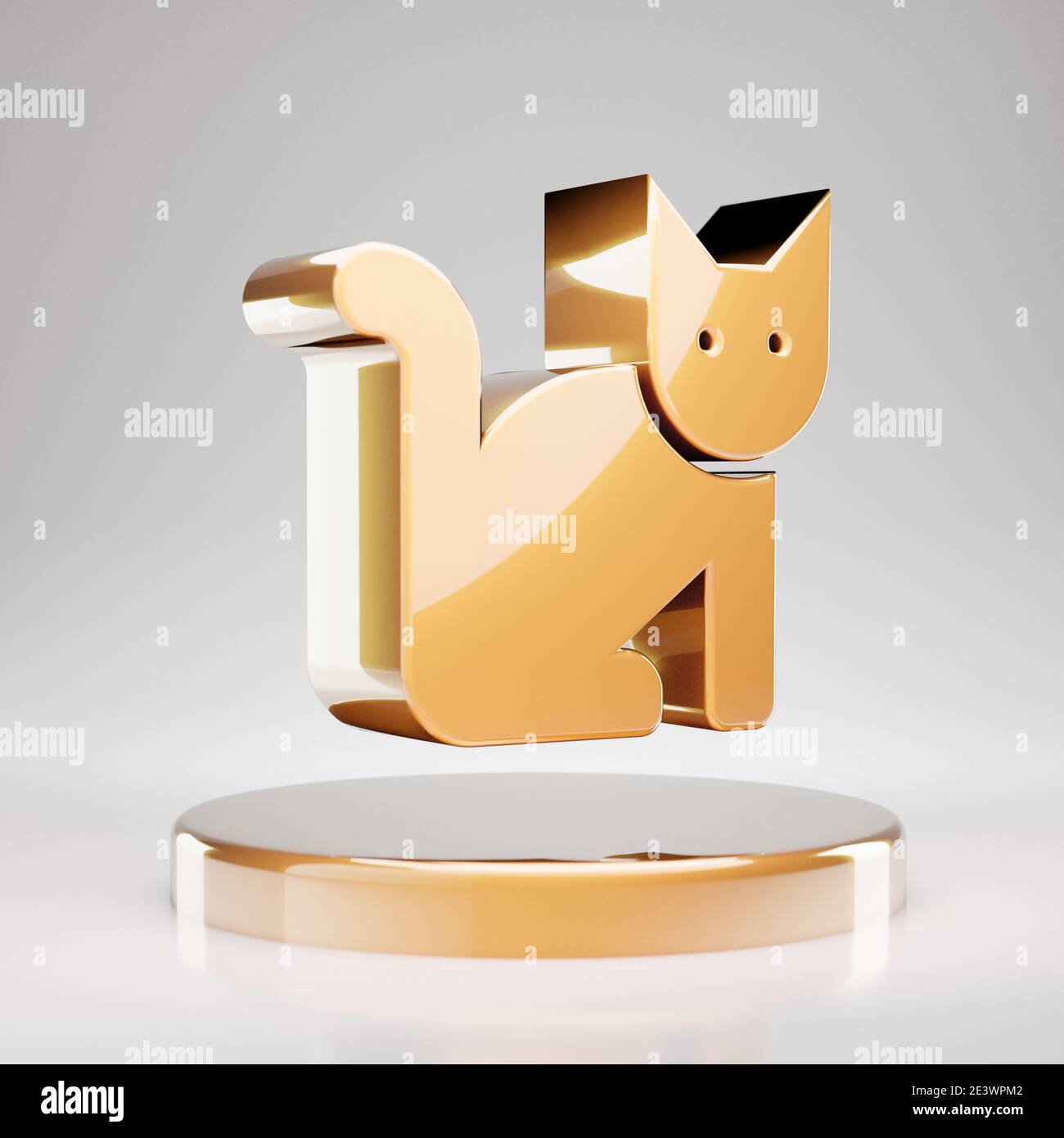 Cat icon. Yellow Gold Cat symbol on golden podium. 3D rendered Social ...