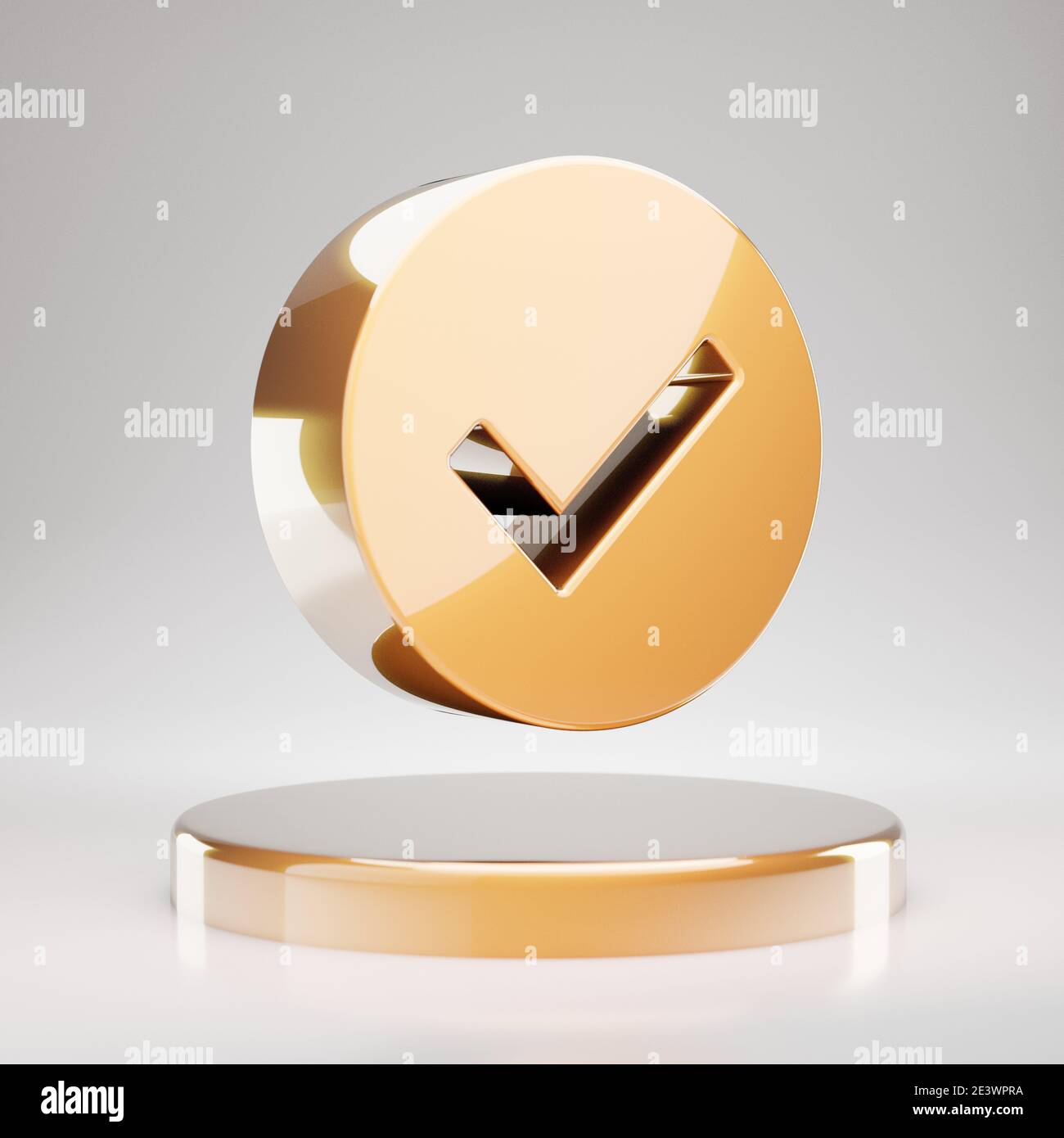 Check Circle icon. Yellow Gold Check Circle symbol on golden podium. 3D ...