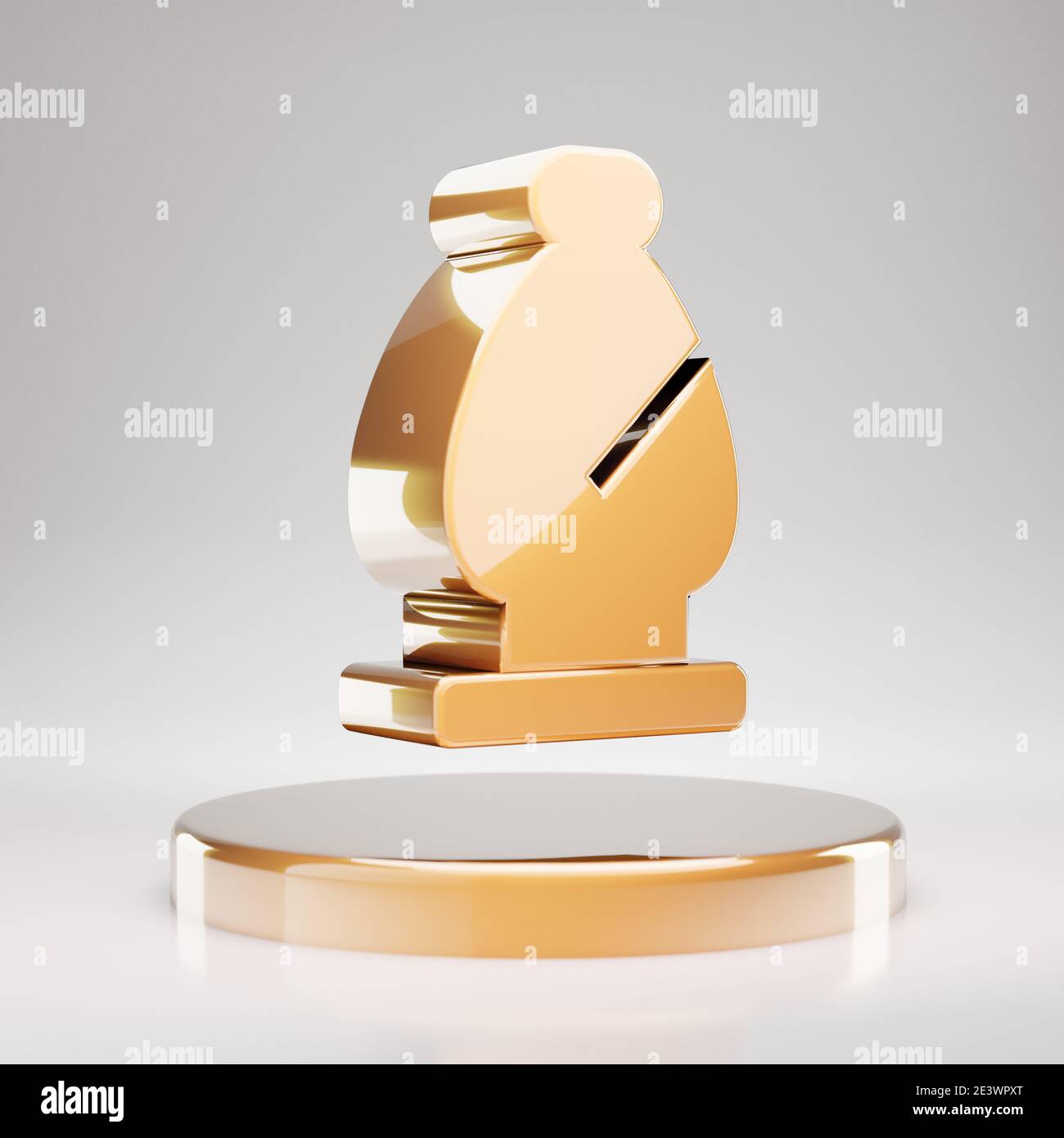 Chess Bishop icon. Yellow Gold Chess Bishop symbol on golden podium. 3D ...