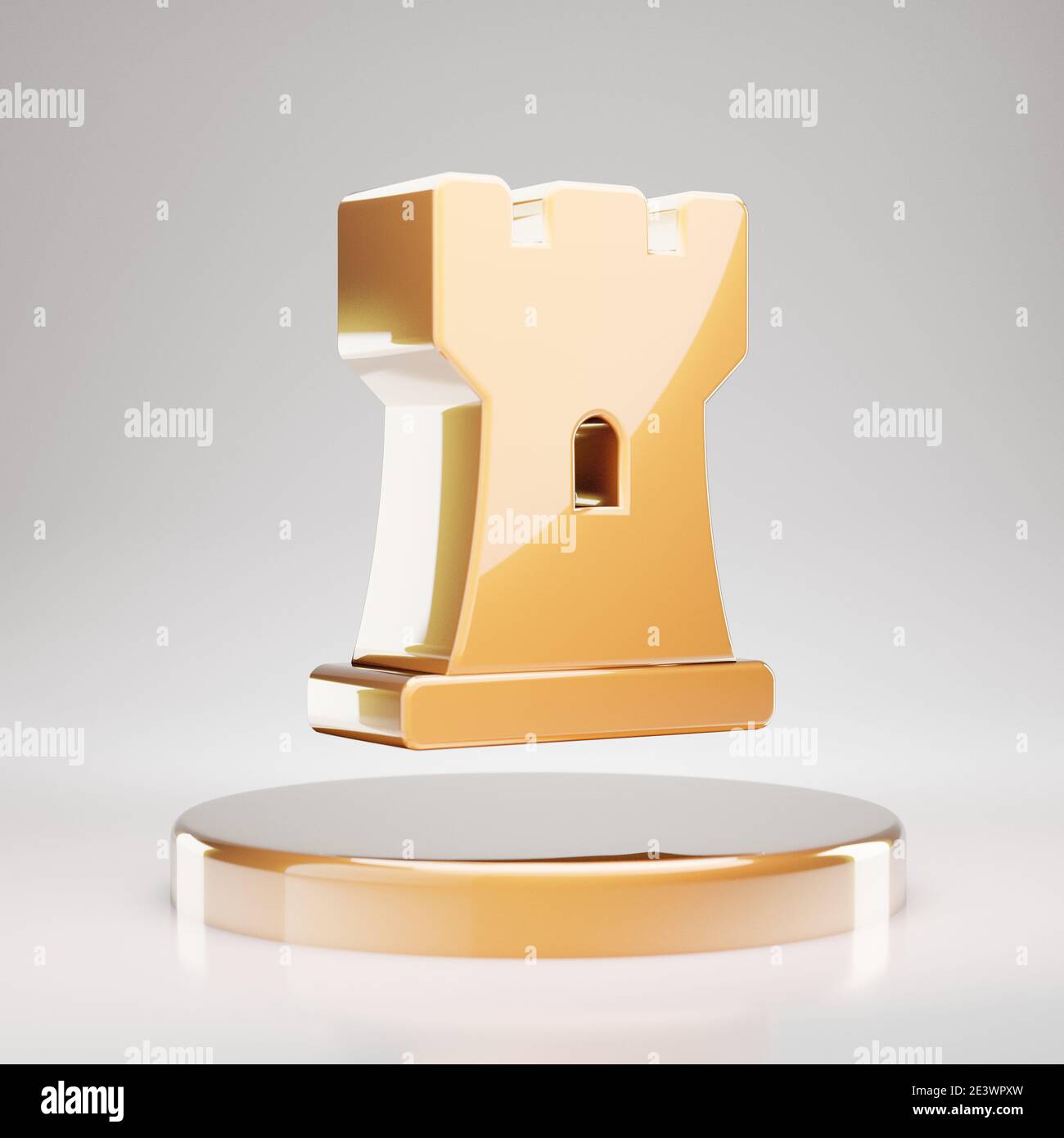 Chess Rook icon. Yellow Gold Chess Rook symbol on golden podium. 3D ...