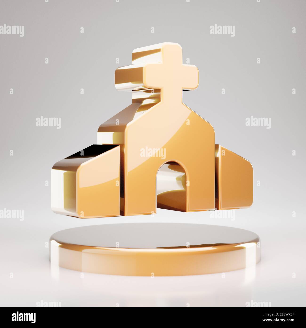 Church icon. Yellow Gold Church symbol on golden podium. 3D rendered ...